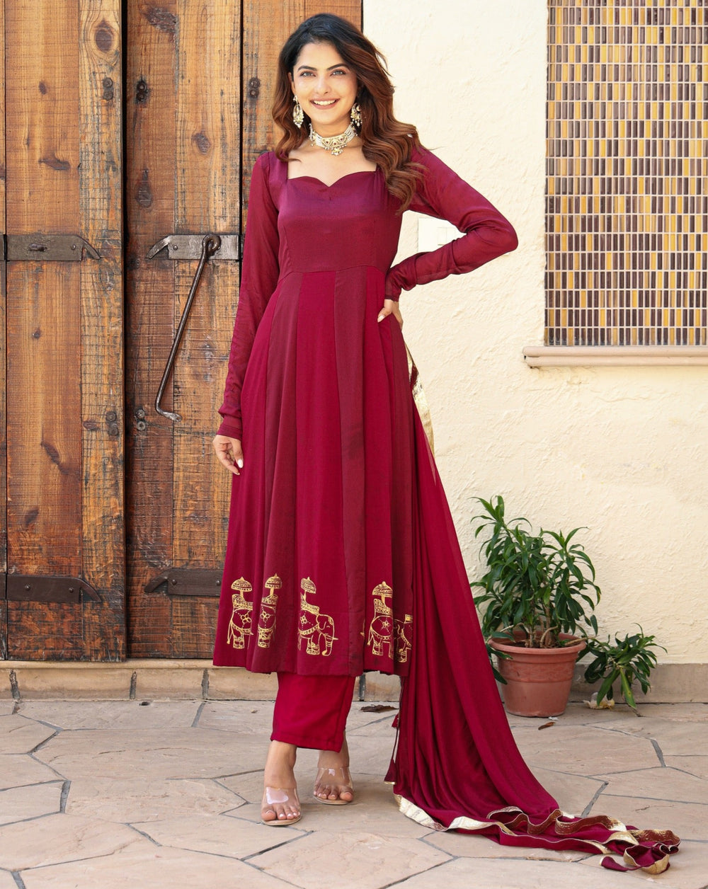 Kiara Handapinted Wine Silk Suit Set