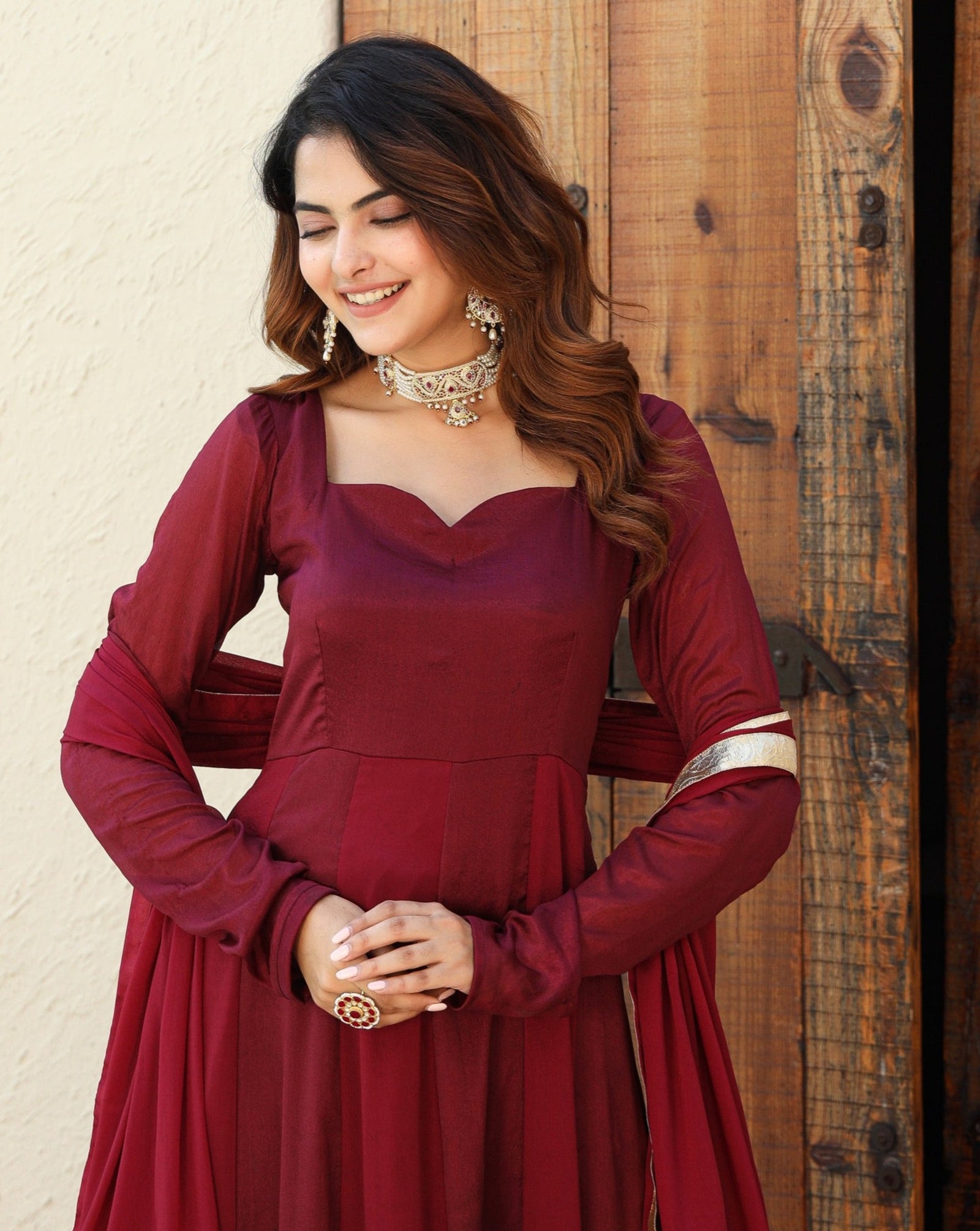 Kiara Handapinted Wine Silk Suit Set