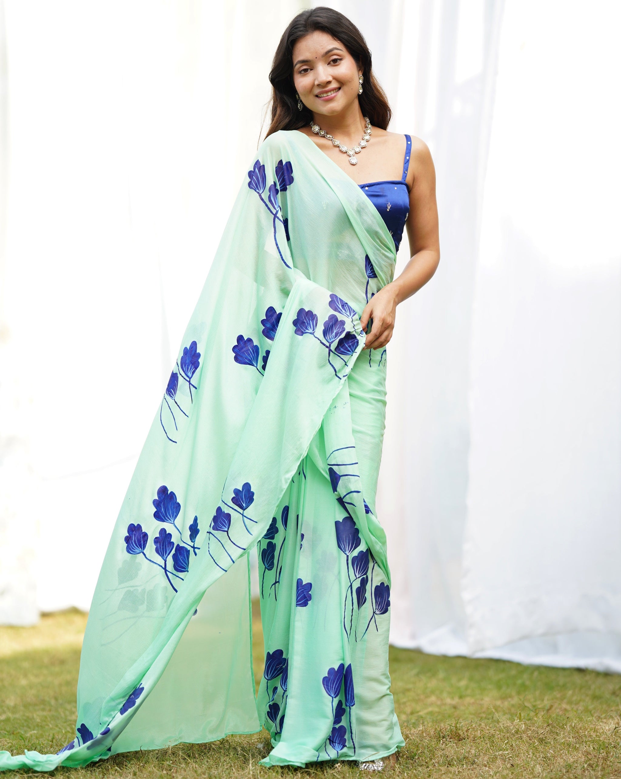 Misty Green Handpainted Draped Saree